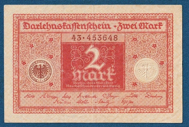 1920 GERMAN EMPIRE 2 Mark Banknote Reichsmark WWII Reichsbanknote ...
