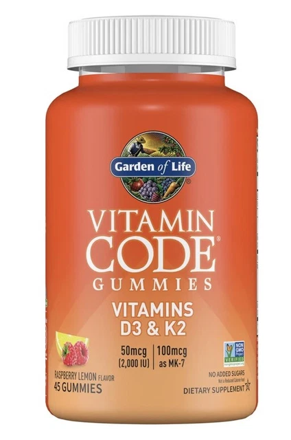 GARDEN OF LIFE Vitamin Code D3 Plus K2 Gummies - Raspberry Lemon 45 ...