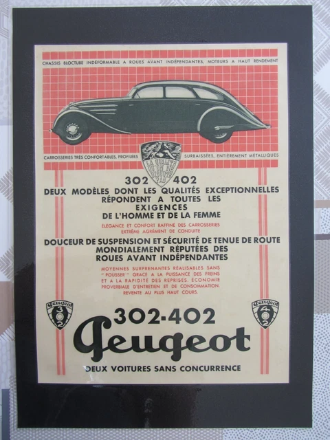 ANCIENNE RÉCLAME DE magazine originale plastifiée "PEUGEOT 302 , 402 ...