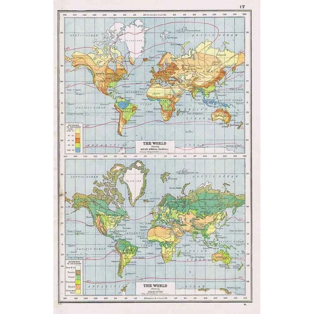 ANTIQUE MAP 1920 - The World Rainfall and Vegetation - Harmsworth Atlas ...