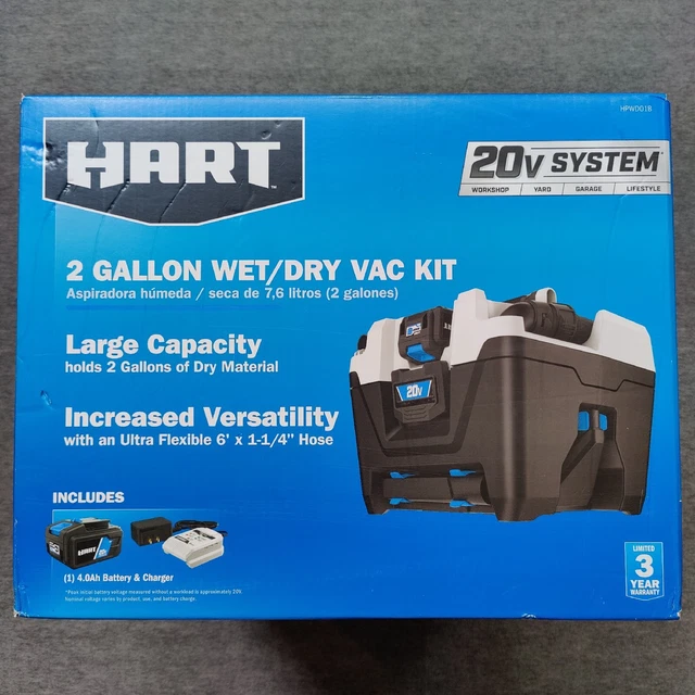HART 20-VOLT CORDLESS 2-Gallon Wet/Dry Vacuum Kit With 4.0Ah Lithium ...