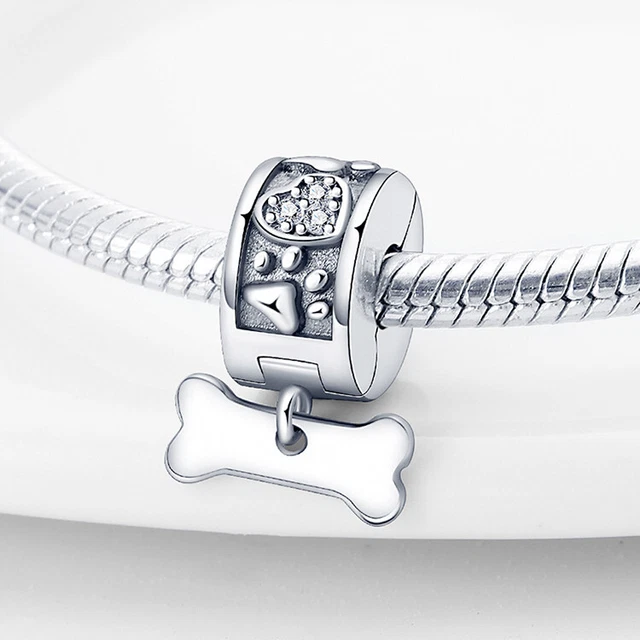 PAW BONE DOG Puppy Spacer Locket Clip Love Heart Charm Sterling Silver ...