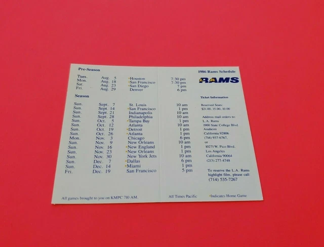 1986 NFL LOS Angeles Rams Pocket Schedule $2.95 - PicClick CA