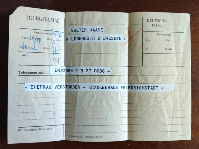 ALTES TELEGRAMM DEUTSCHE Post C187 DDR 1966 Dresden Krankenhaus ...