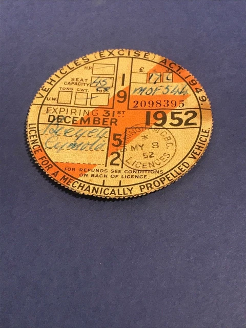 1952 MOTORCYCLE Tax Disc vintage Bike Historical Document £26.68 ...