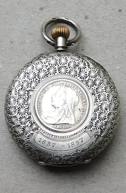 NO RESERVE 1897 Diamond Jubilee Coin Silver Pocket Watch Ladies Vintage ...
