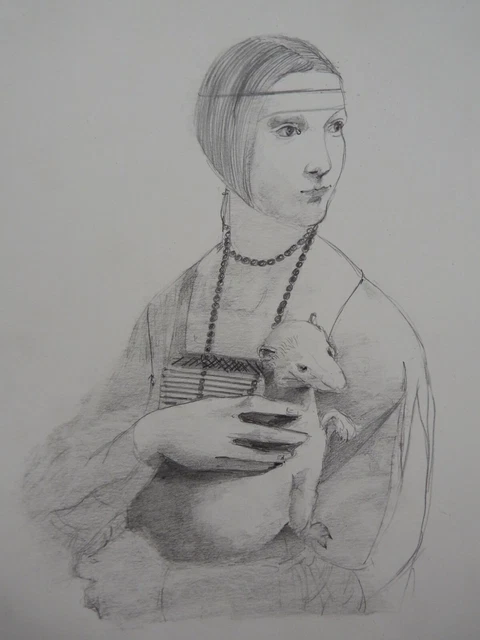 PENCIL DRAWING FEMALE portrait after Leonardo Da Vinci of a Lady with ...