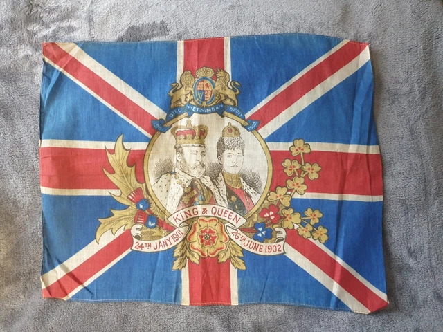 RARE ANTIQUE KING Edward VII & Queen Alexandra Coronation Flag Banner ...