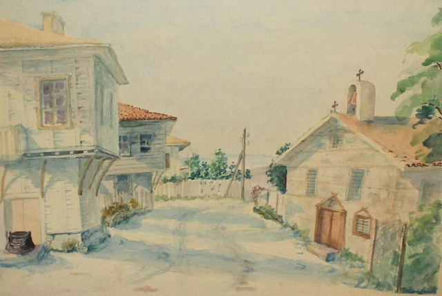 TABLEAU ANCIEN AQUARELLE paysage chapelle et maisons signé EUR 107,94 - PicClick FR