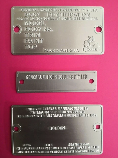 HOLDEN GTS MONARO HT, HG, HQ Restoration Build Vin Adr Tag set $625.00 ...