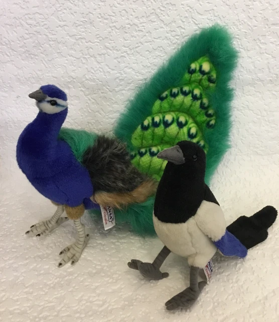 VINTAGE HANSA SOFT Toy Peacock & Magpie Plush Lifelike Birds Cuddly ...