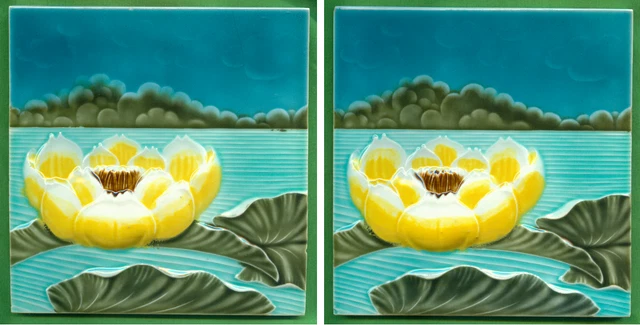 2X JUGENDSTIL FLIESE Kachel, 2x Art Nouveau Tile Tegel, NSTG, Seerose ...