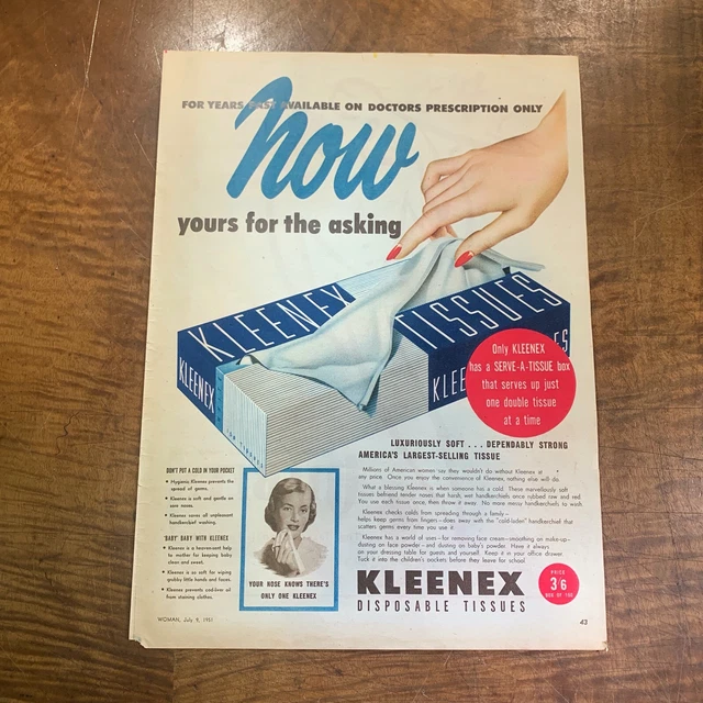 VINTAGE 1951 'KLEENEX Tissues' Kitchenalia Beauty Magazine Advert ...
