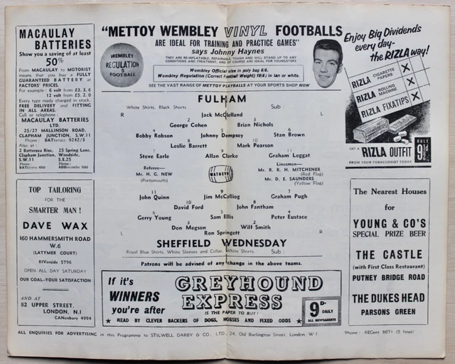 FULHAM V SHEFFIELD Wednesday Div One 1966 £2.50 - PicClick UK