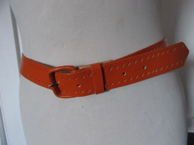 VINTAGE 1980'S ORANGE Real Leather Belt Punched Detail Made In The U.k ...