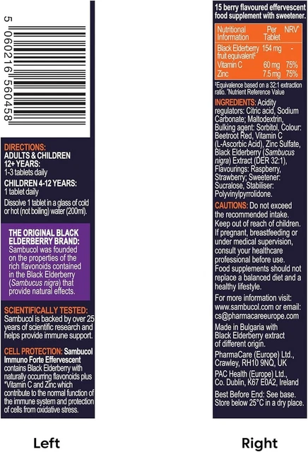 SAMBUCOL BLACK ELDERBERRY Effervescent Tablets, 30 g, 15 Count £12.66 ...