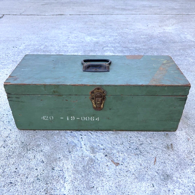 VINTAGE ARMY GREEN Wooden Military Storage Box 16.5"x6.5"x5.75" Metal ...