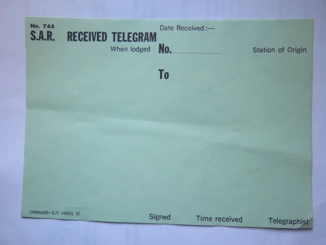 SAR SOUTH AUSTRALIAN RAILWAYS RECEIVED TELEGRAM PAPER FORM c1977 $3.00 ...