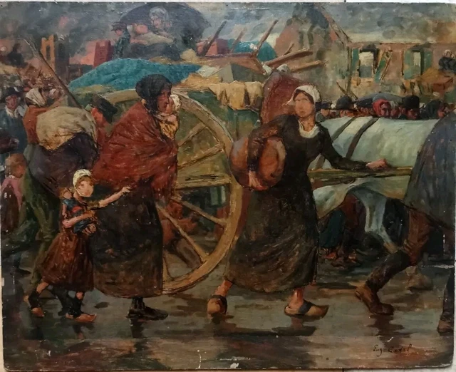 TABLEAU ANCIEN HUILE Peinture Signé Eugène Cadel Scène Village Fuite ...