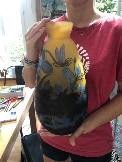 MAGNIFIQUE GRAND VASE Gallé tip en pâte de verre / décors champêtre en ...
