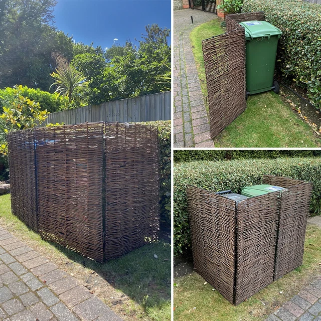OUTDOOR WHEELIE BIN Fence Single Double Triple Willow Rattan Dustbin ...