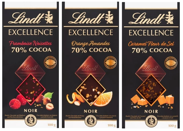 LINDT EXCELLENCE CHOCOLATE Bar Raspberry Orange Caramel 70% Cocoa Dark ...