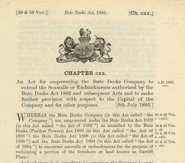 ANTIQUE ACT OF Parliament Bute Docks Company Seawalls 1895 politics ...