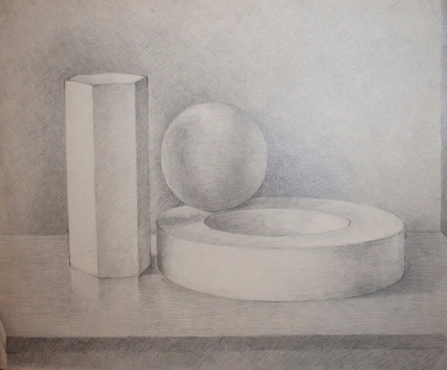 VINTAGE PENCIL DRAWING still life with globe, circle and heptagon ...