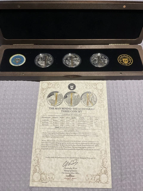 LONDON MINT OFFICE “The Man Behind the Monogram” JFK Three Coin Set £80 ...