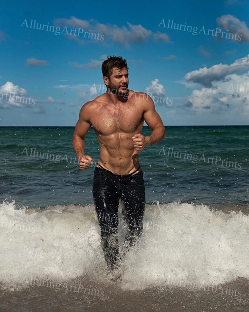 MALE MODEL PRINT Muscular Handsome Beefcake Shirtless Hunk Beach Man ...