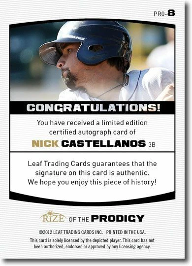 NICK CASTELLANOS 2012 Rize Rookie Autographe ROUGE Auto PRODIGY RC #/10 ...