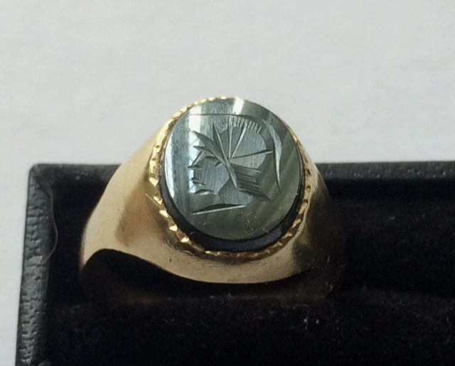 9CT GOLD HEMATITE Intaglio Centurion Head Signet Ring, Size P. 3.10 ...