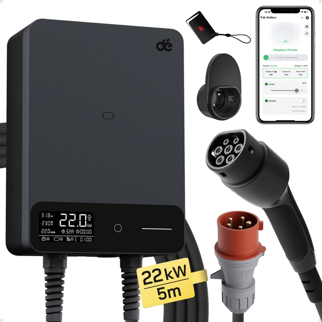 WALLBOX 22KW AC EV AC Ladestation Typ 2 Stecker 5m Ladekabel m. 5PIN ...