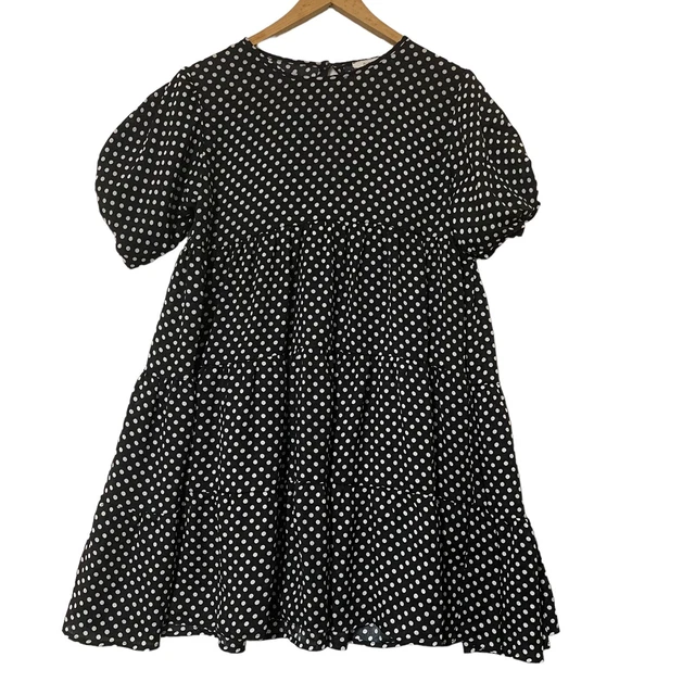 Dissh Black And White Spot Polka Dot Tiered Short Dress Puff Sleeve Size