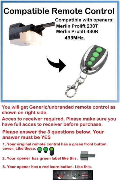 FOR MERLIN PROLIFT 230T, Merlin Prolift 430R Garage door/gate openers £ ...