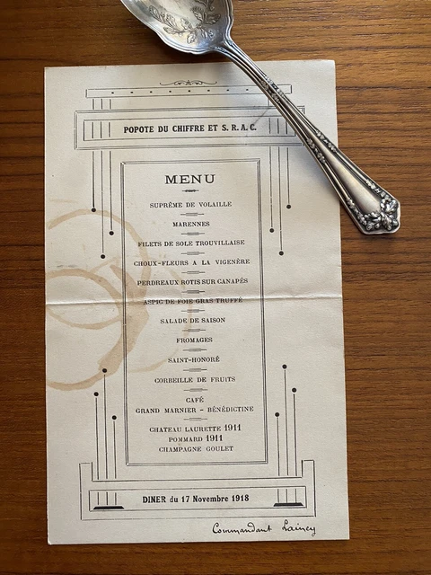 MENU ANCIEN FIN 1ère Guerre Mondiale novembre 1918 Popote Commandant ...