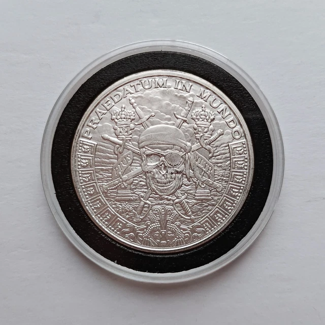 1 OZ SILVER Shield Pieces of Eight Pirate Skull Fine Silver Bullion Art ...