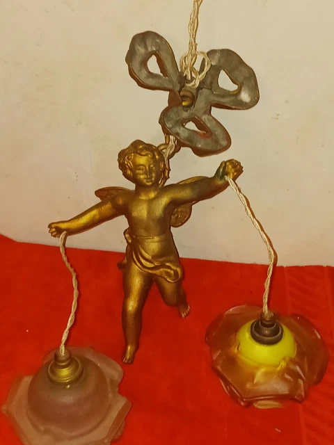 LUSTRE SUSPENSION ANGELOT Putti En Régule Doré A Deux Fleurs tulipes ...