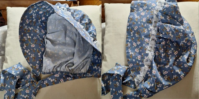 WOMENS PRAIRIE BONNET Hat Historic Costume Gray with pink Floral Tie ...