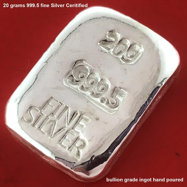 20 GRAMS 999.5 Fine Silver Certified Bullion Grade Ingot Bar Hand ...