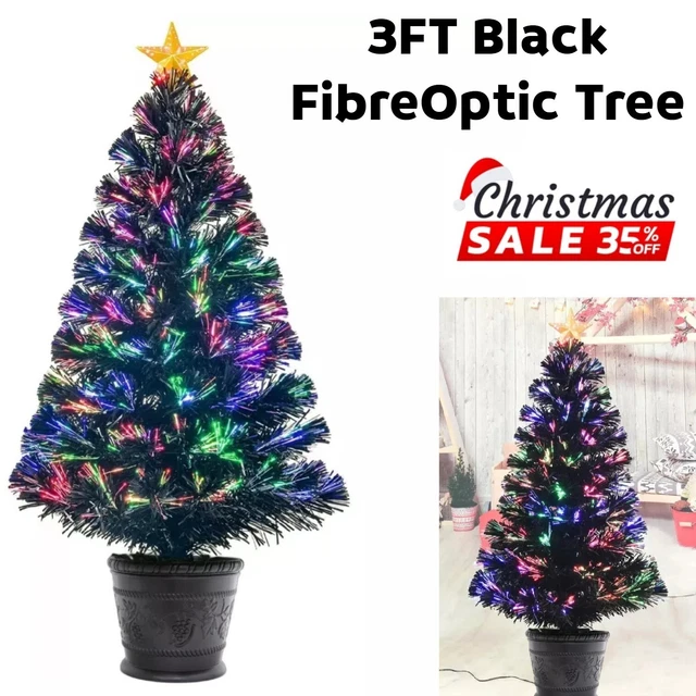 3FT BLACK CHRISTMAS Tree Pre Lit LED Light Fiber Optic Xmas Holiday ...