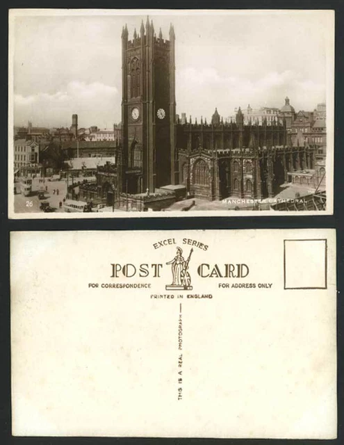 MANCHESTER CATHEDRAL CLOCK Tower TRAM Tramway Bus Street Scene Old R.P ...