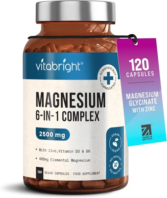 VITABRIGHT MAGNESIUM GLYCINATE Complex 6-in-1 2500mg 120 Capsules Zinc ...