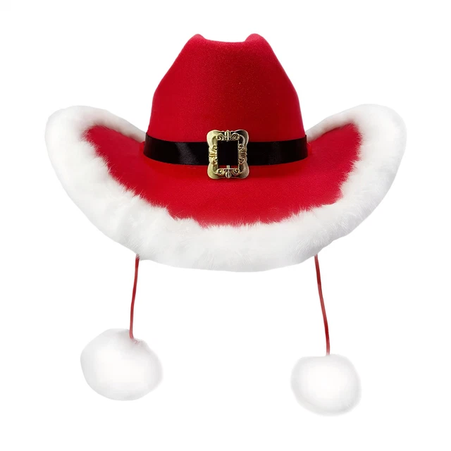 SANTA HAT POM-POMS Design Headwear White Plush Trim Cowboy Hat For ...
