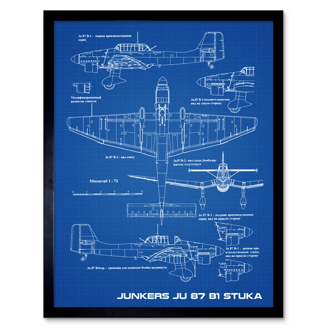 JUNKERS JU 87 B1 Stuka Aircraft Plane Blueprint Plan Wall Art Print ...