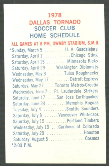 RARE 1978 DALLAS tornado NASL Pro Soccer Schedule !!! Texas Commerce ...