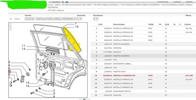 LANCIA DELTA 4WD EVO Vetro Fisso Atermico Laterale Porta Post. Sx. COL ...
