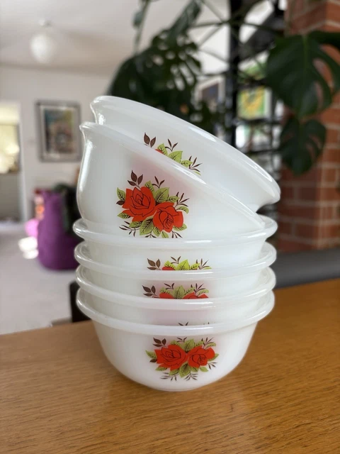VINTAGE PHOENIX PYREX Opalware 6 Small Dessert Snack Bowls Rose Print ...