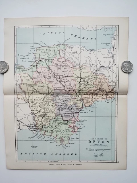 ANTIQUE/VINTAGE COUNTY MAP of DEVONSHIRE - Phillips Handy Atlas , 1887 ...