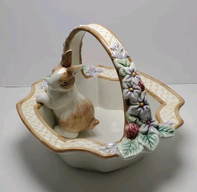 VINTAGE FITZ AND Floyd Essentials Botanical Bunny Rabbit Ceramic Basket ...